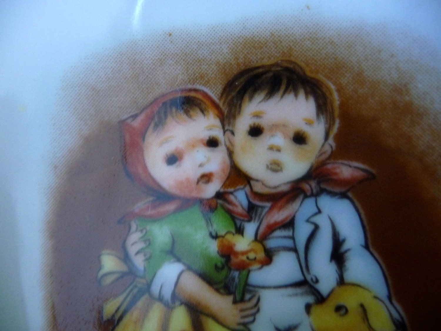 Small Square Decorative Plate With Hummel Style Children and Dog or ...