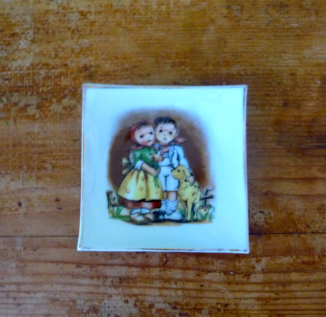 Small Square Decorative Plate With Hummel Style Children and Dog or ...
