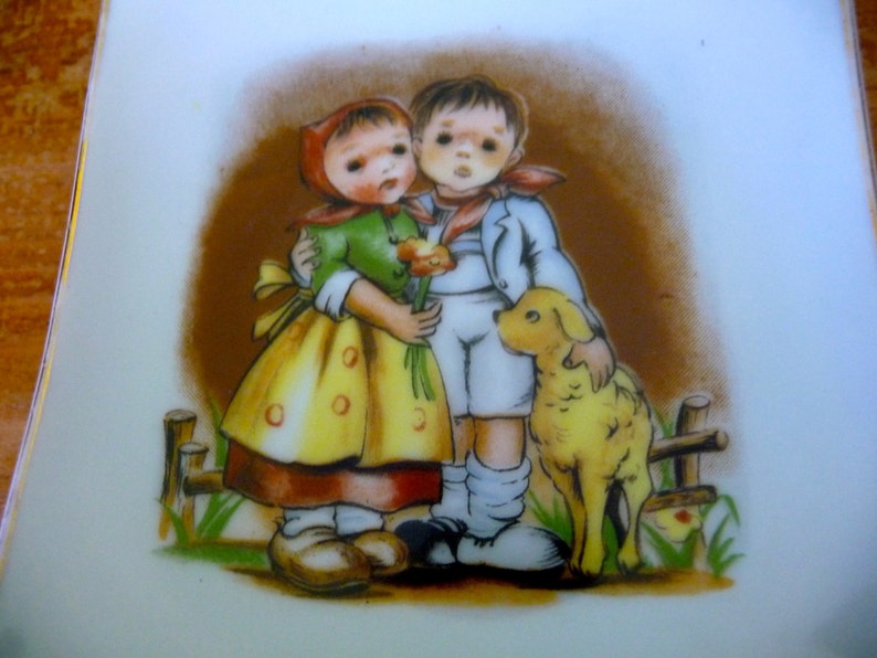Small Square Decorative Plate With Hummel Style Children and Dog or ...