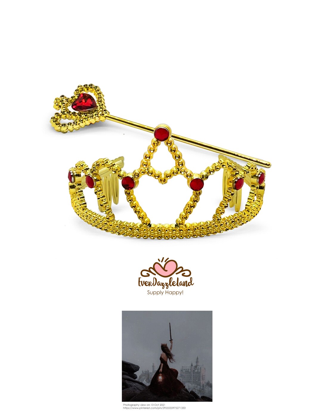 Red Heart Queen Tiara Crown Mini Magic Wand | Medium Height Size Fits ...