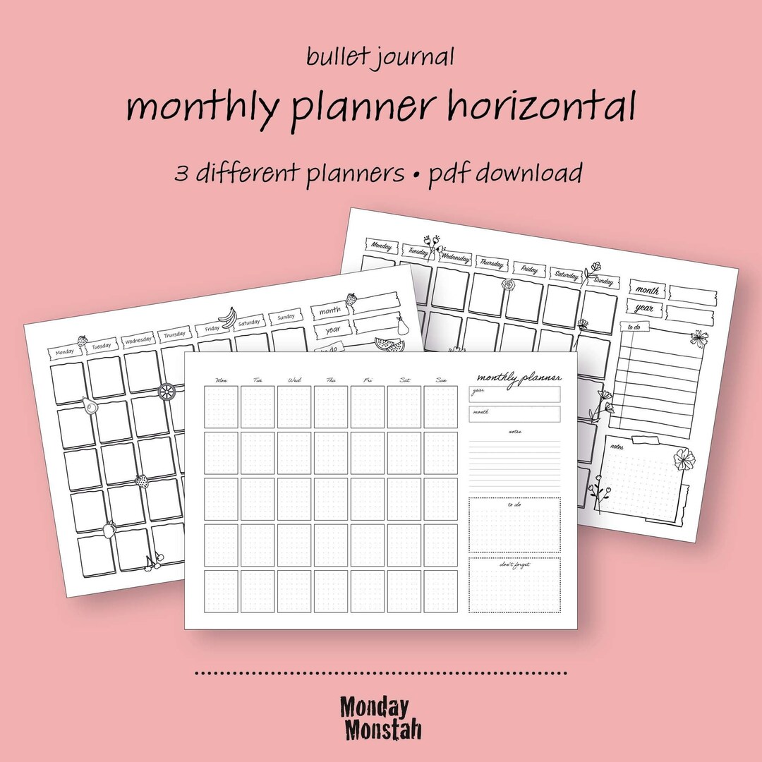Monthly Planner Printable • Bullet Journal Printable • Horizontal • A4 ...
