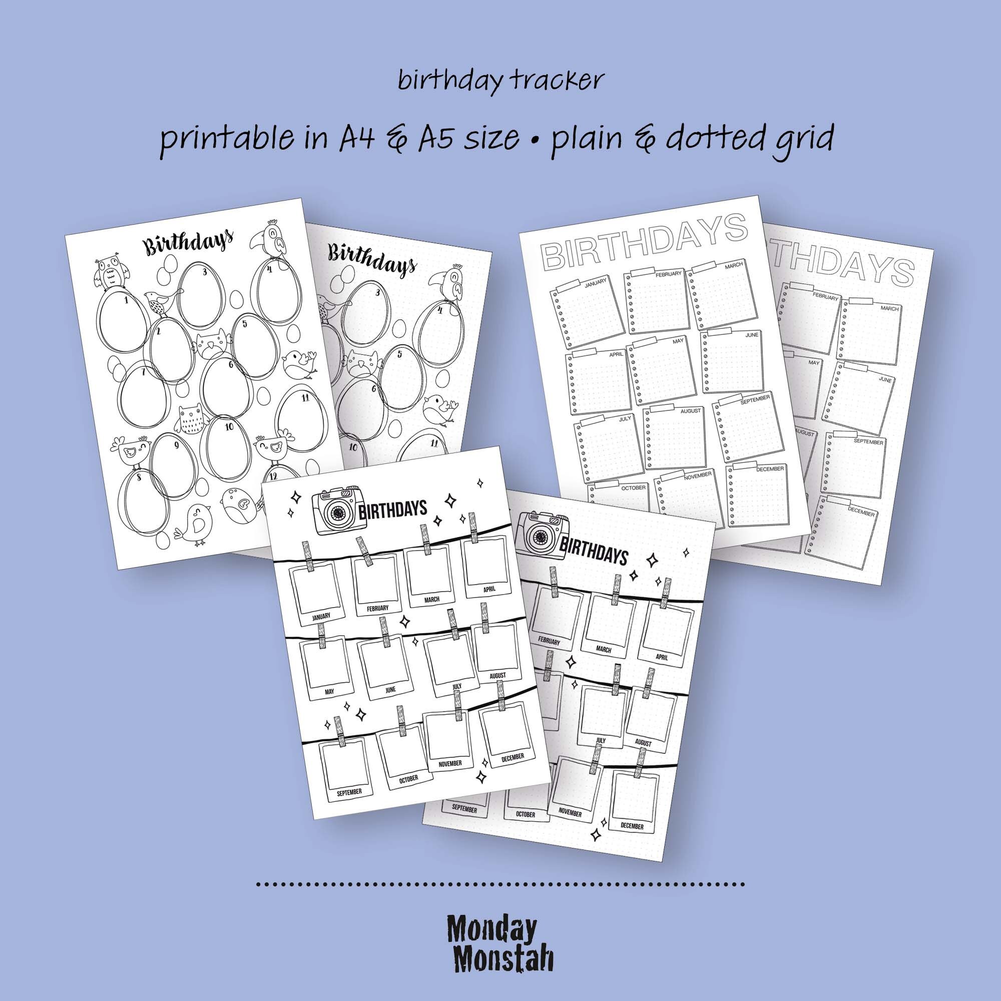 Birthday Tracker Printable • Bullet Journal Printable • A4 & A5 ...
