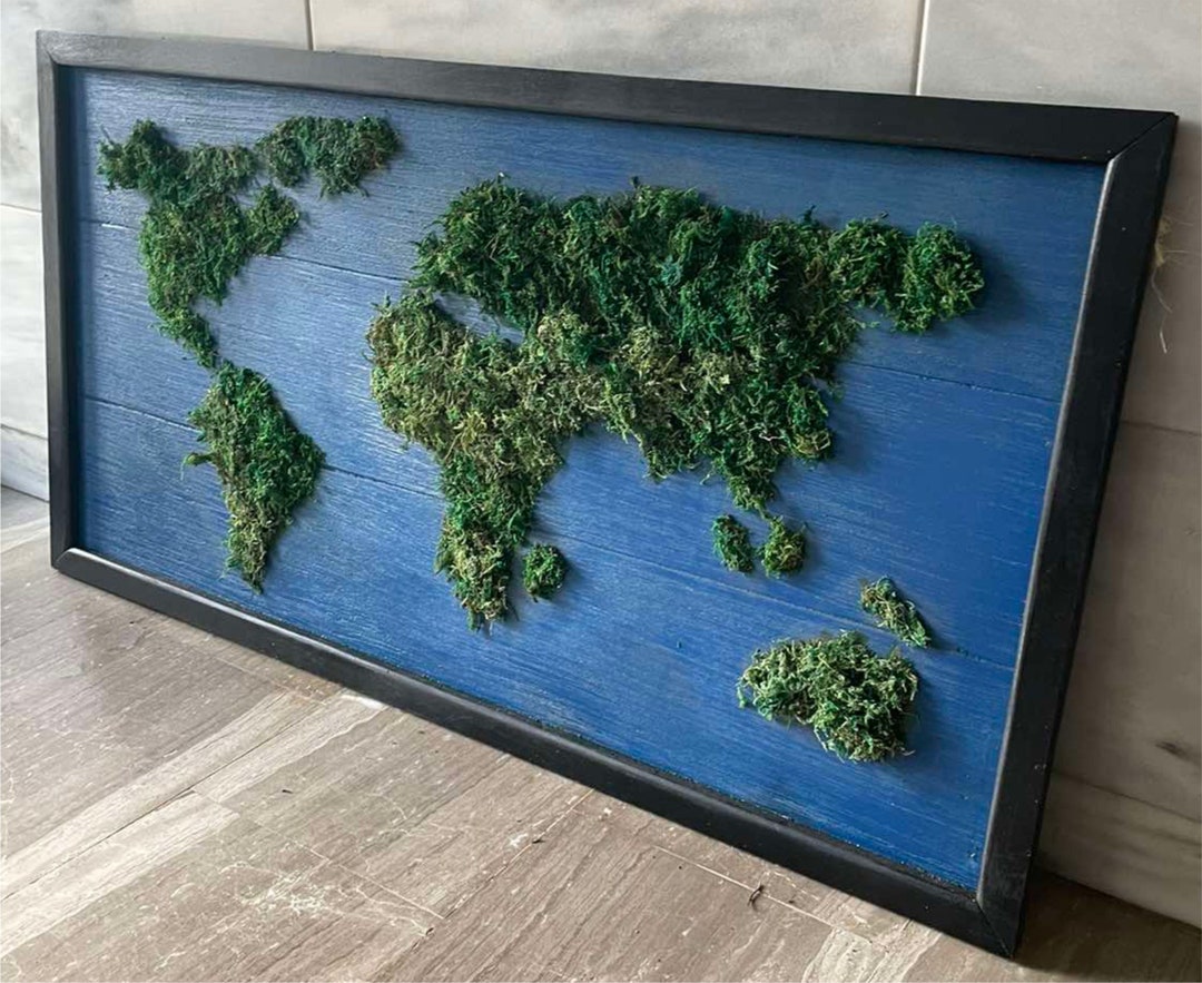 Moss World Map Wall Art, Real Moss on Wood With Frame, Large Natural ...
