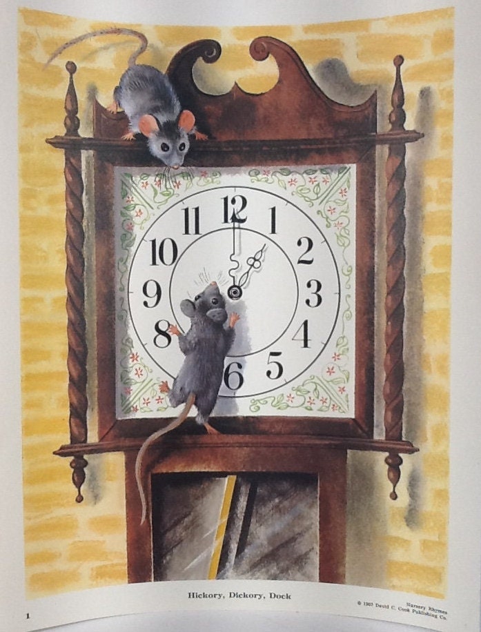 VINTAGE 1967 Hickory Dickory Dock Nursery Rhymes 10-3/4 X 13-3/4 Print David C. Cook Publishing ...