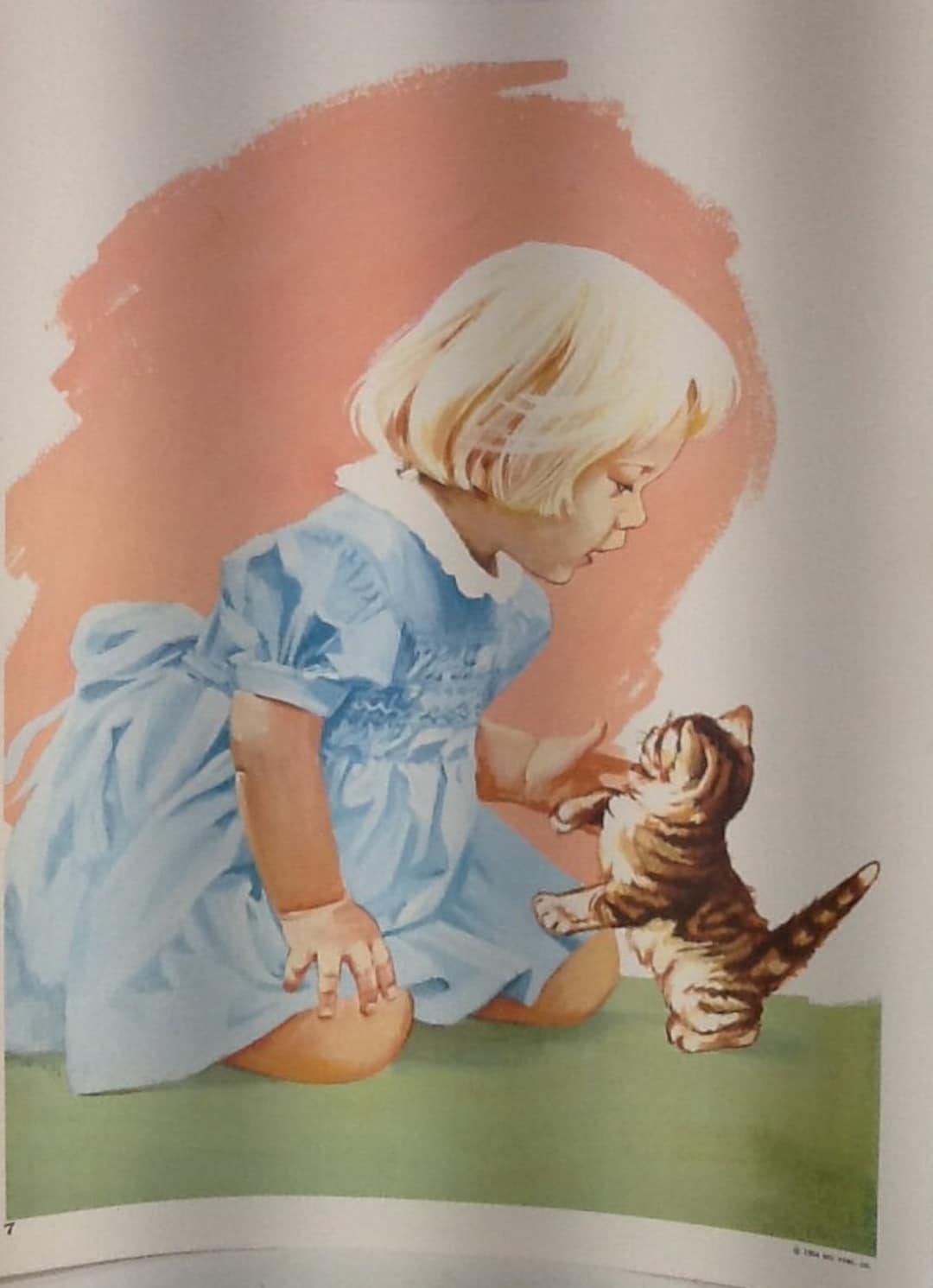 VINTAGE 1964 Teaching Picture Print Little Girl Playing With Kitten 13 ...