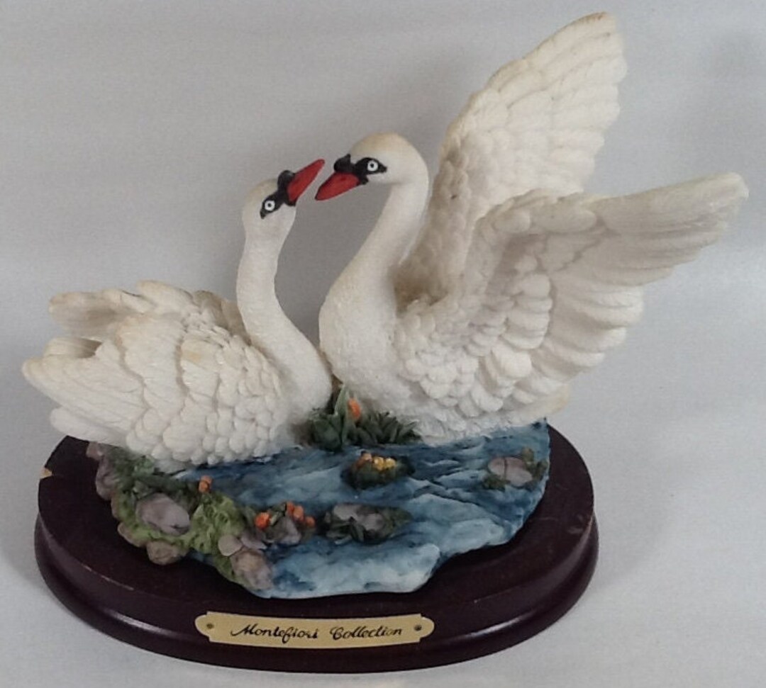 Two White Swans Figures on Wood Base Montefiori Collection Italy Design ...