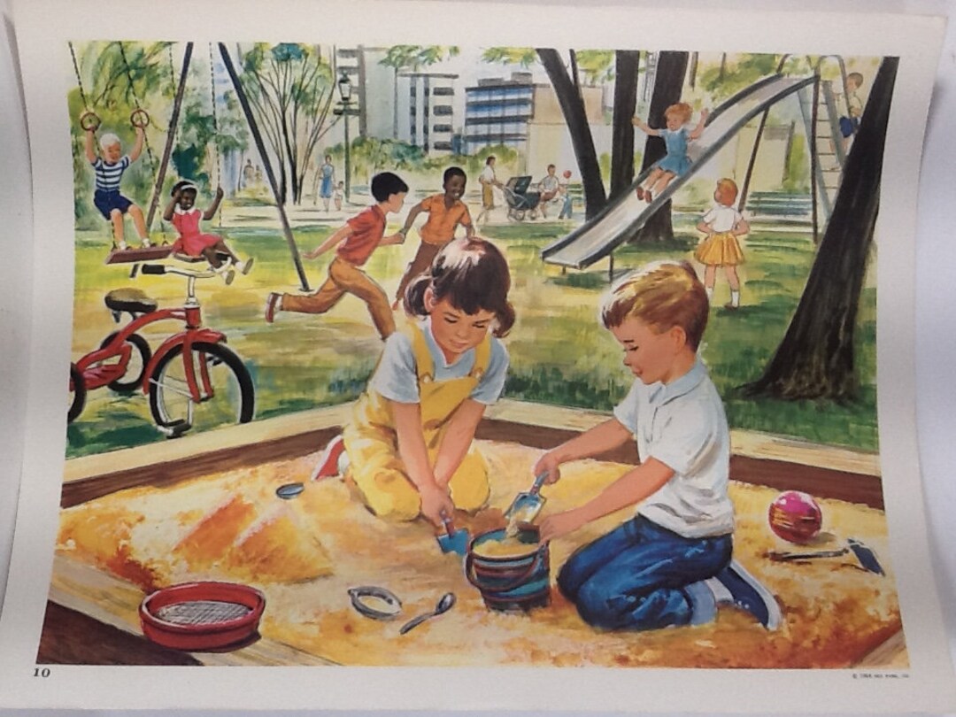 VINTAGE 1964 Teaching Picture Print Children Playing at Park Playground ...