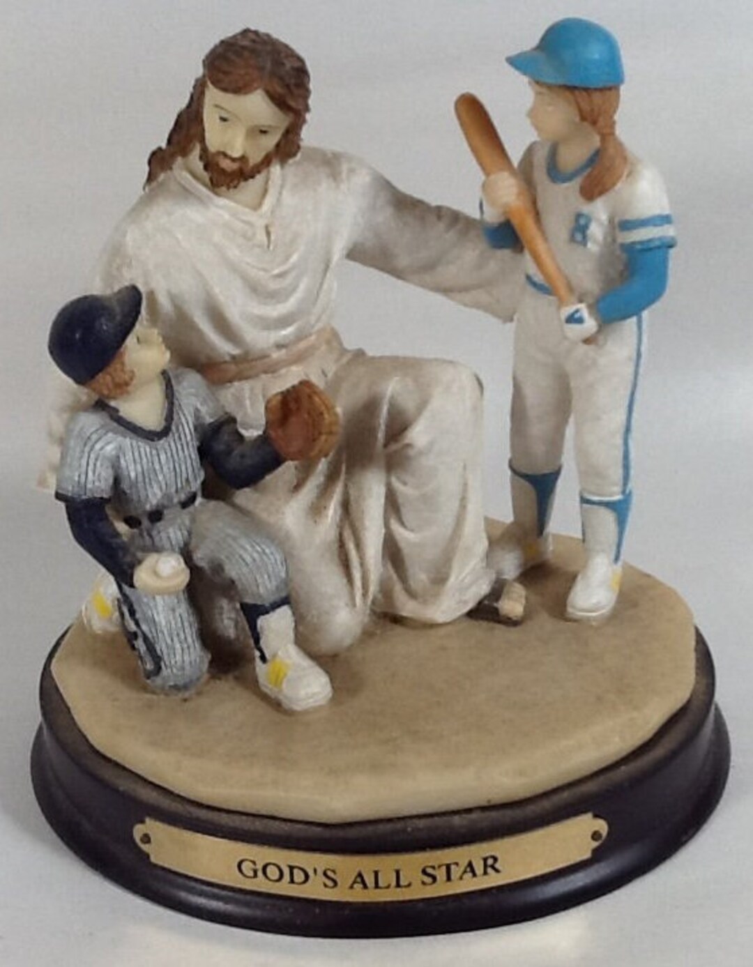 God's All Star Jesus Kneeling W/boy and Girl Baseball Players on Wood ...