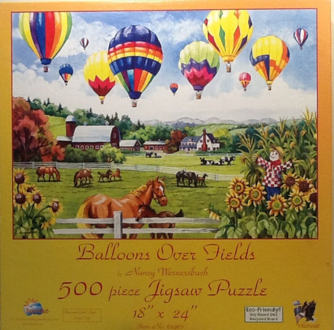 Balloons Over Fields Horse Ranch Red Barn Sunflowers Scarecrow Cows ...