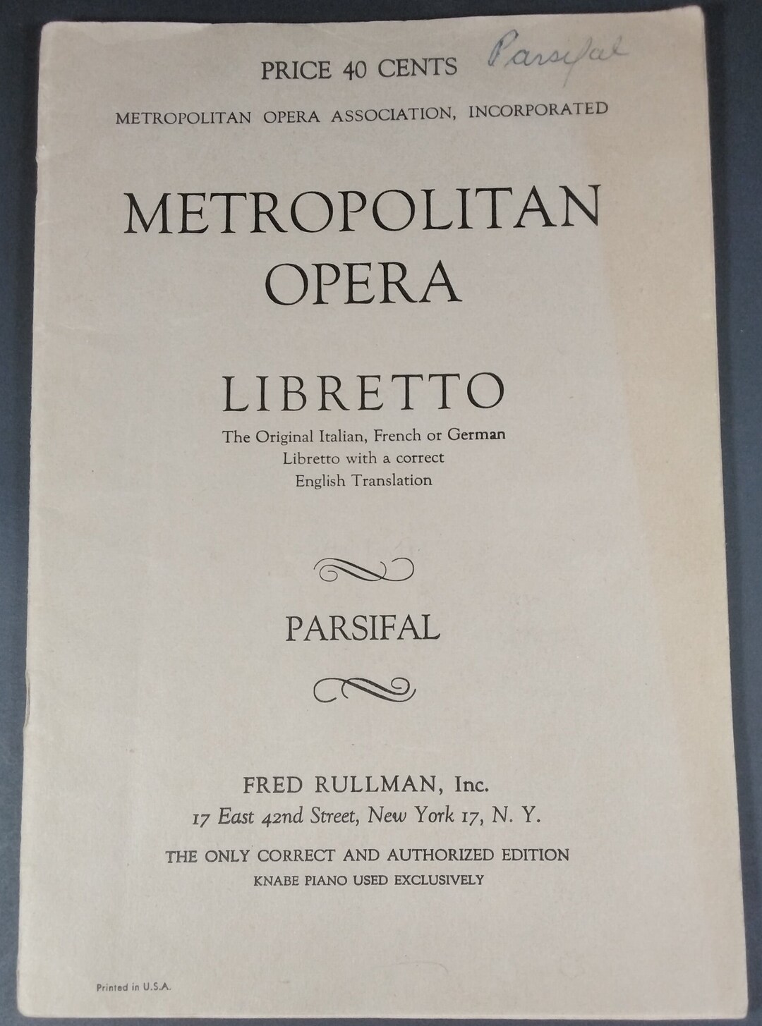 Vintage Parsifal Metropolitan Opera Libretto Original Text and English ...