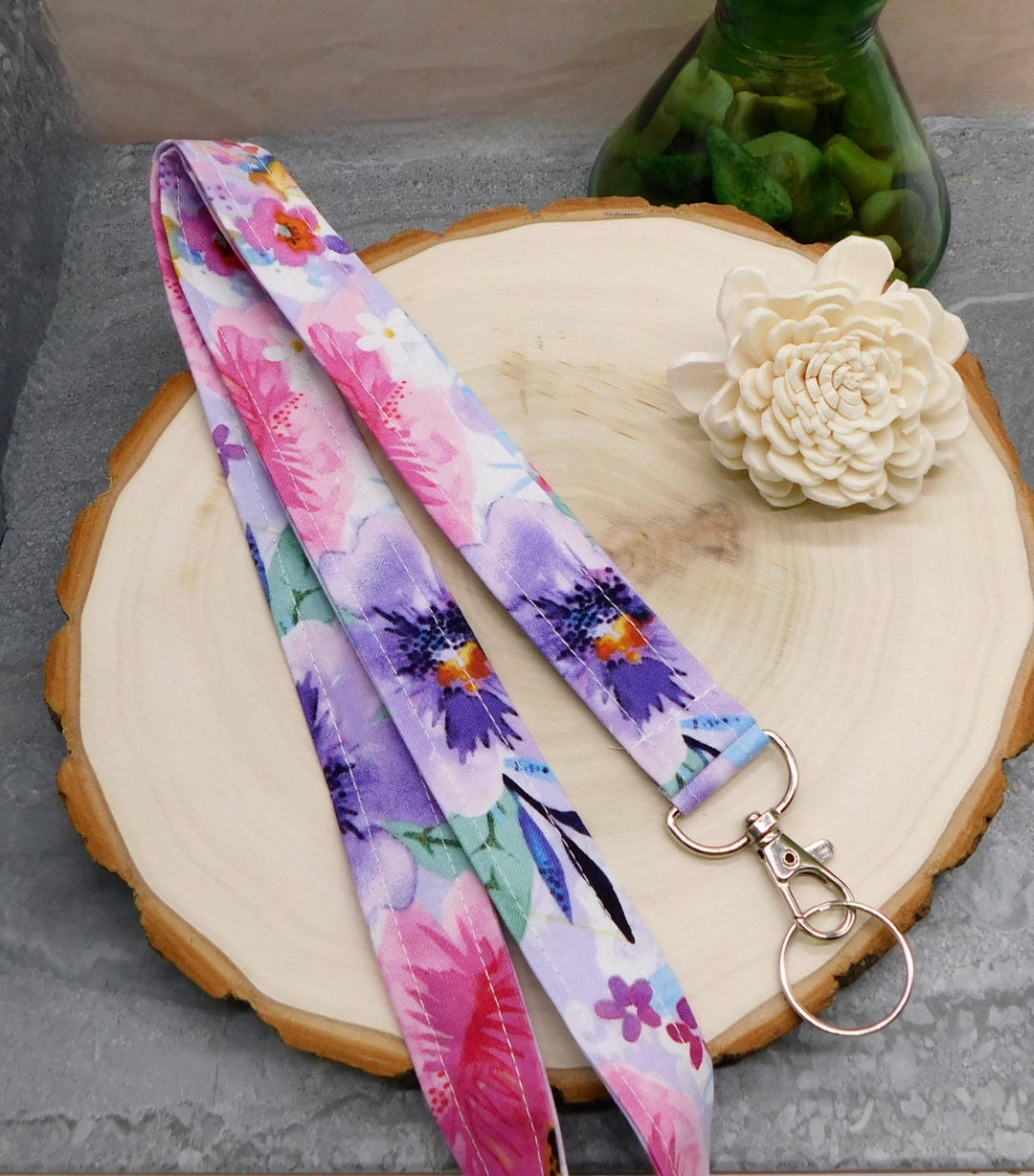 Watercolor Floral Fabric Lanyard for Keys & ID – Bright Pink Purple ...