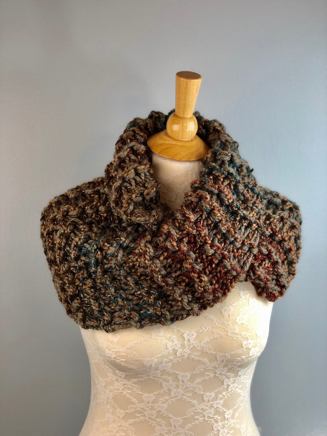 Outlander Cowl, Chunky Scarf in Brown and Teal, Hand Knitted Cowl ...
