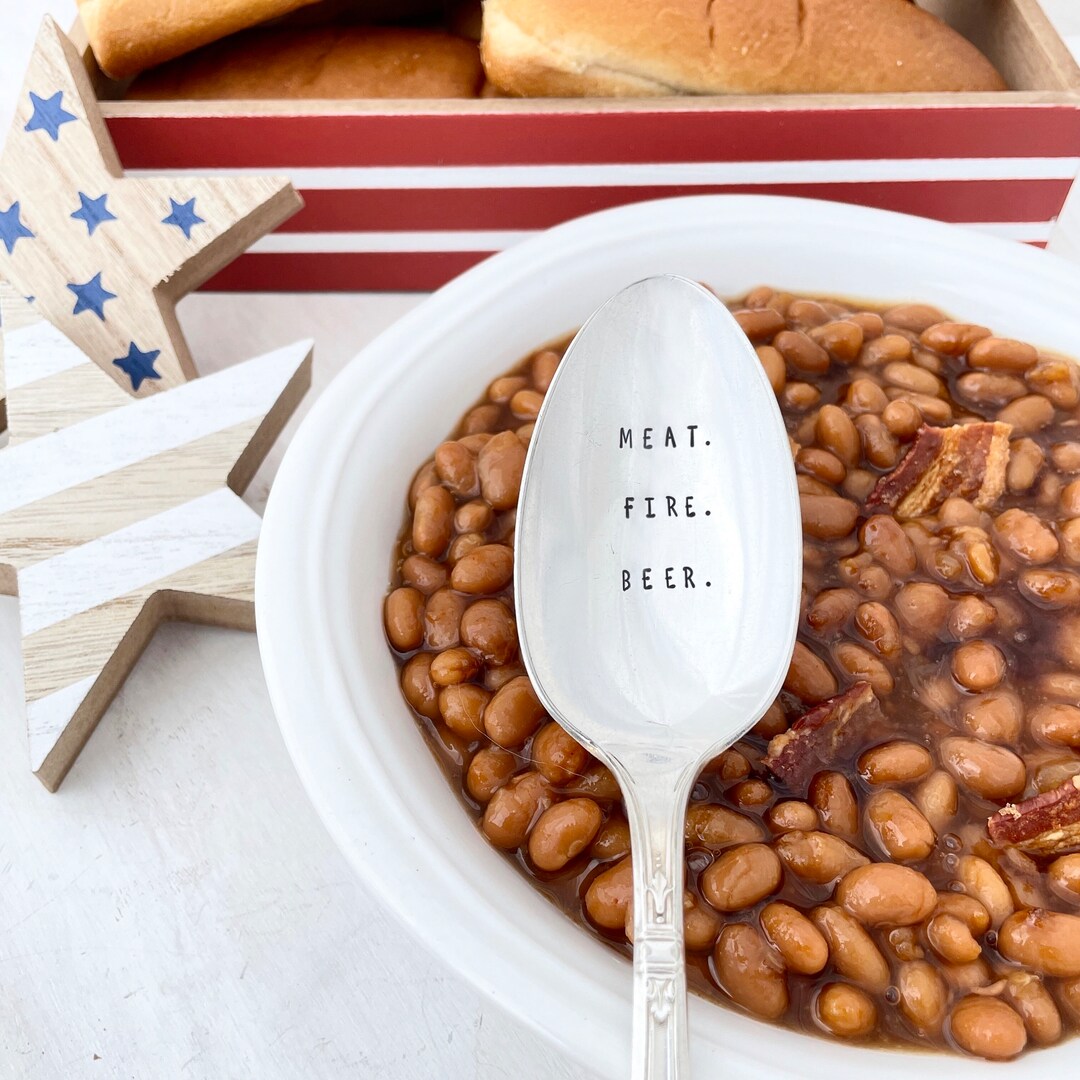 Meat. Fire. Beer. Hand Stamped Vintage Serving Spoon, BBQ Serving ...
