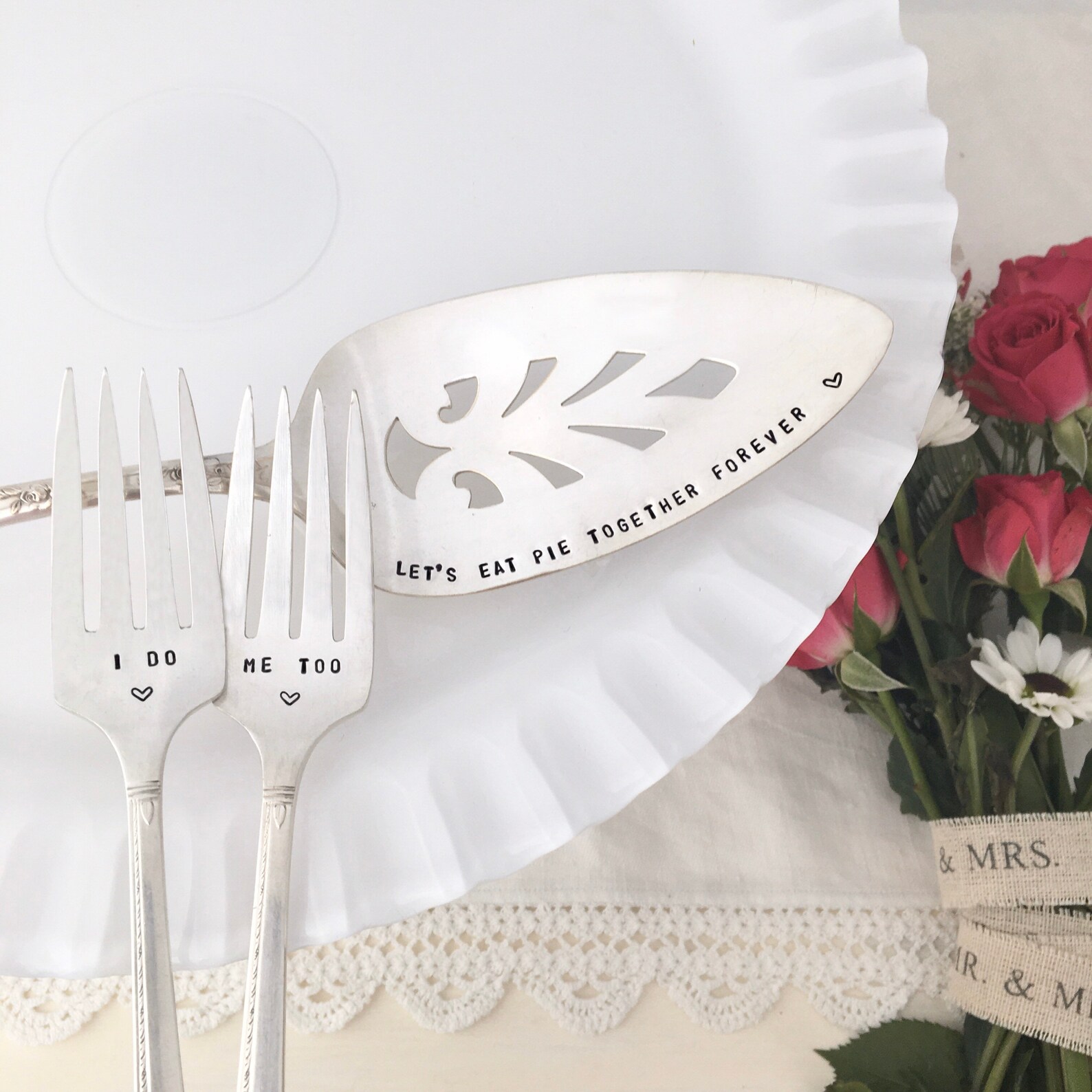 Hand Stamped Wedding Pie Server and Dessert Forks Let's - Etsy