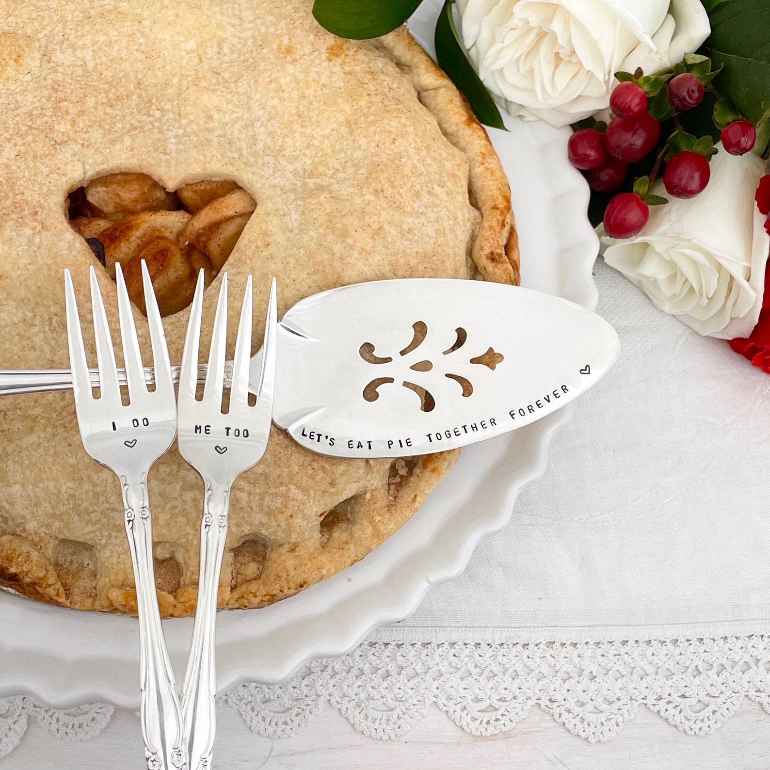 Hand Stamped Wedding Pie Server and Dessert Forks - Let's Eat Pie ...
