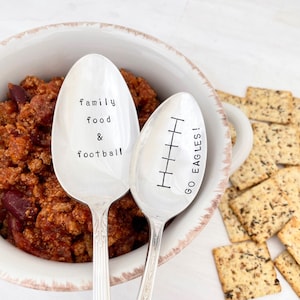Hand Stamped Vintage Silver Serving Spoon - Family Food & Football ...