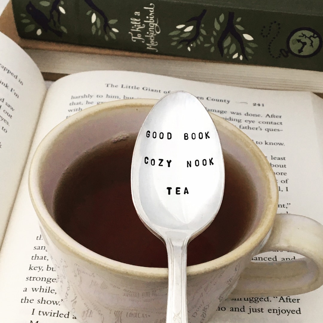 Hand Stamped Silver Spoon - Good Book, Cozy Nook, Tea - Vintage ...