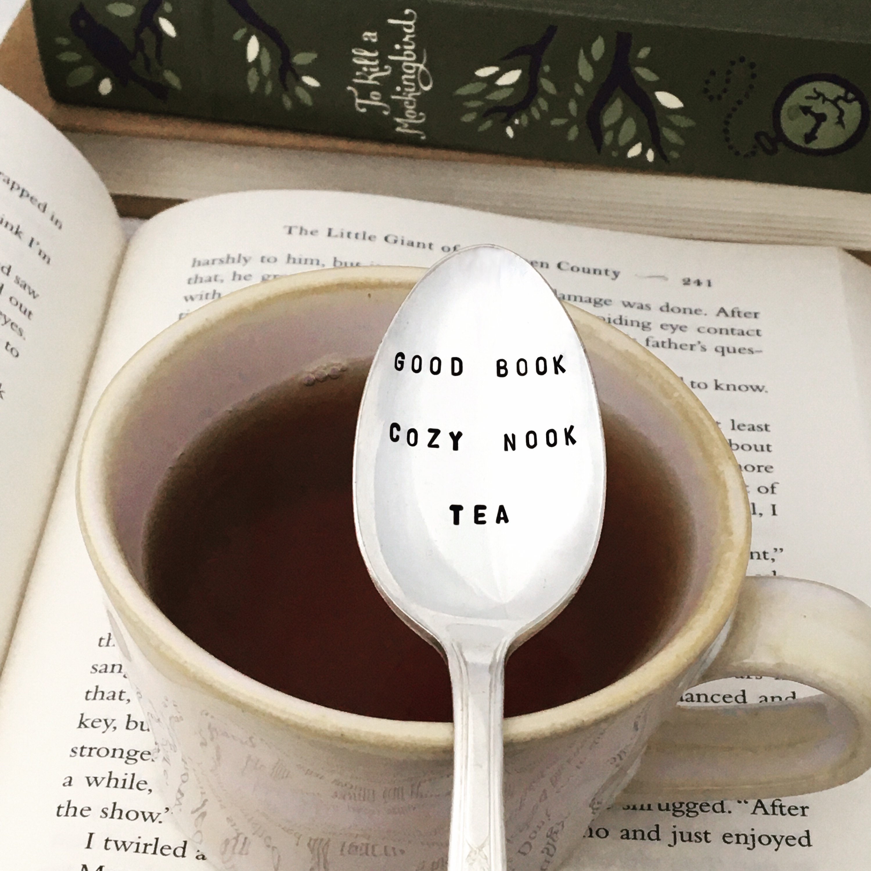 Hand Stamped Silver Spoon - Good Book, Cozy Nook, Tea - Vintage ...