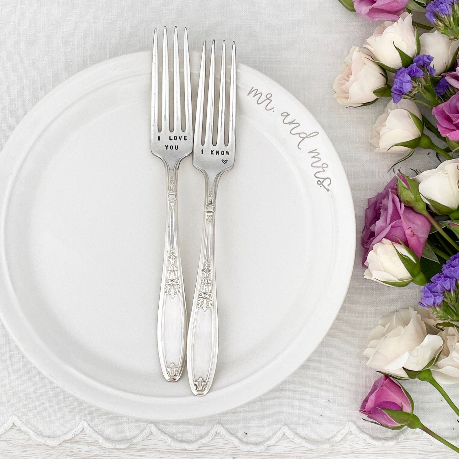 Hand Stamped Wedding Forks - I Love You & I Know, Vintage Silverware ...
