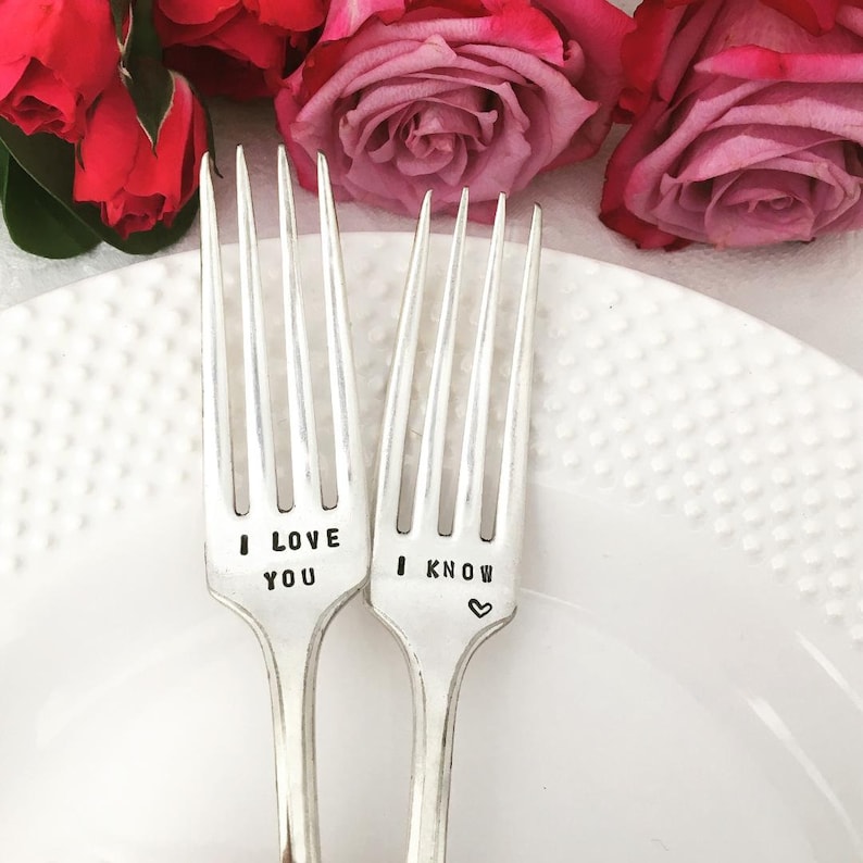 Hand Stamped Wedding Forks - I Love You & I Know, Vintage Silverware ...