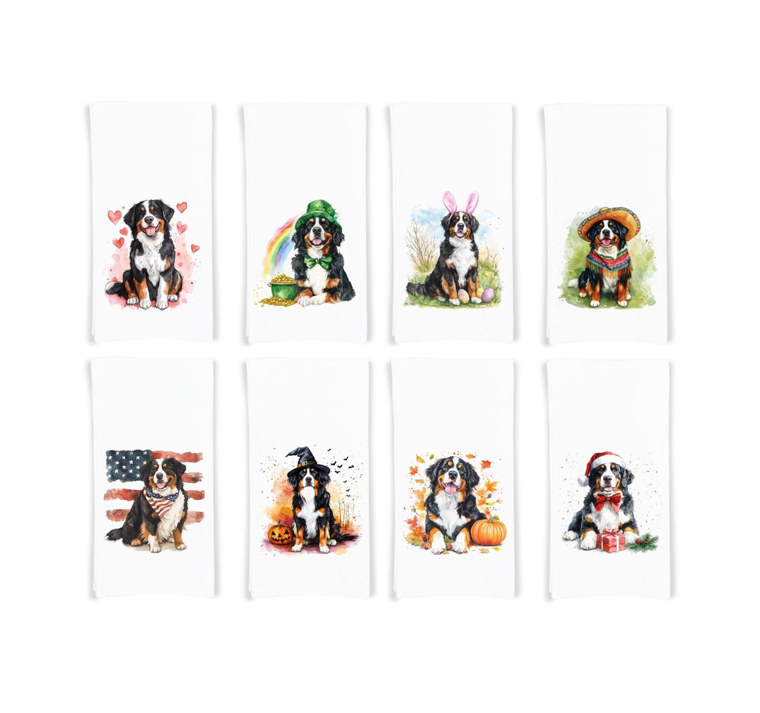 Bernese Mountain Dog Holiday Kitchen Towel Set Valentine's St Patricks ...