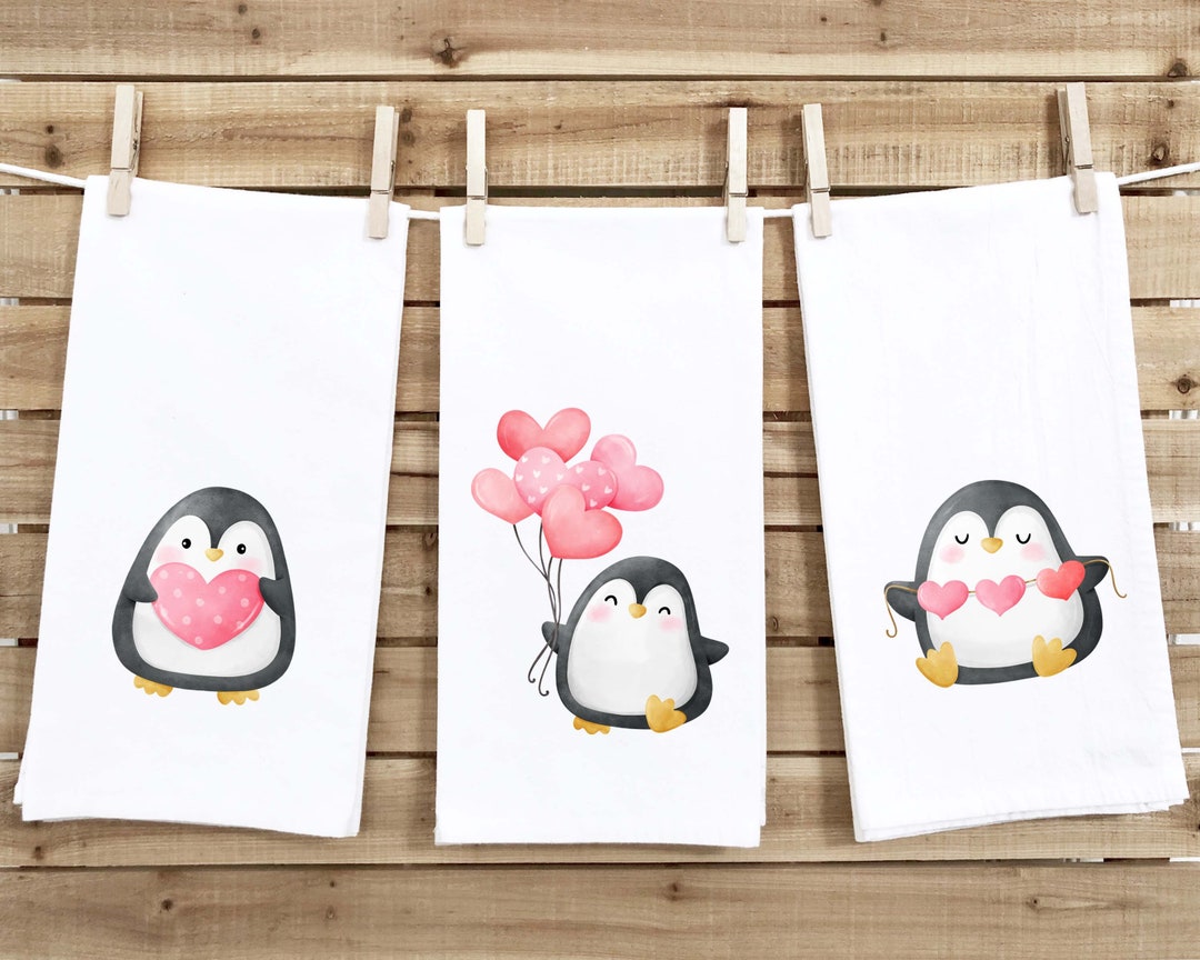 Set of 3 Penguin Flour Sack Kitchen Towels Cute Pink Hearts Balloons ...