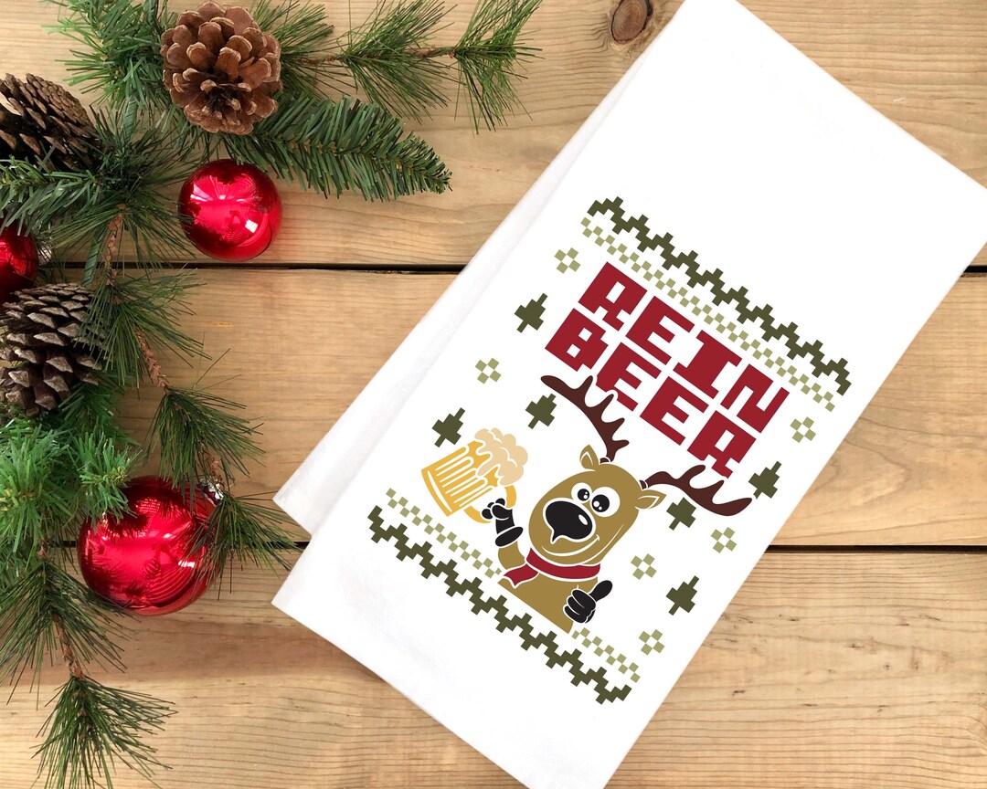 Rein Beer Funny Reindeer Drinking Beer Tea Towel Cute Christmas Flour ...