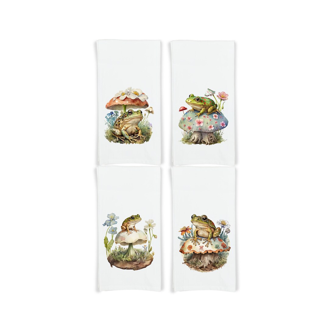 Set of 4 Frog and Mushroom Flour Sack Kitchen Towels With Hanging Loop ...