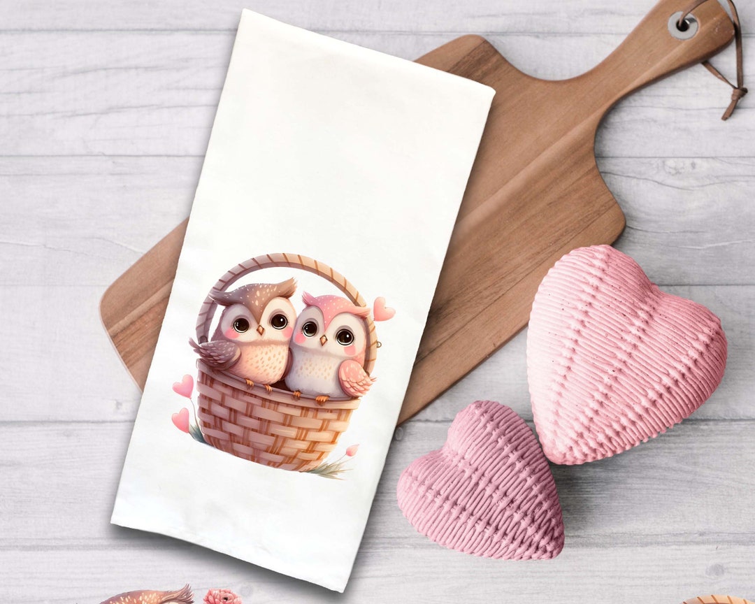 Chibi Owls in a Basket Valentine Tea Towel Cute Pink Hand Flour Sack ...