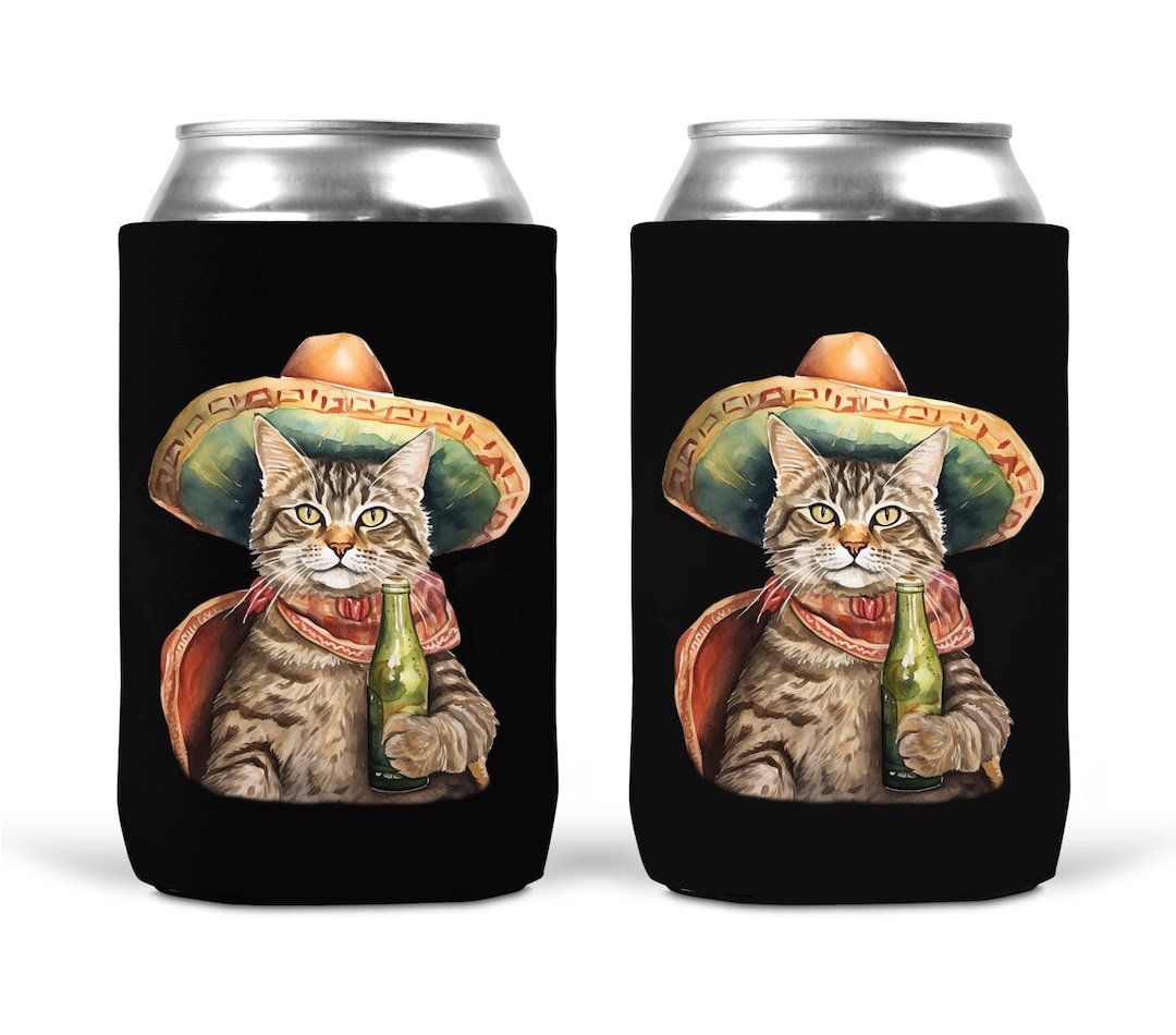 Cat Wearing a Sombrero Drinking Beer Can Cooler Sleeves - 12oz Beverage ...