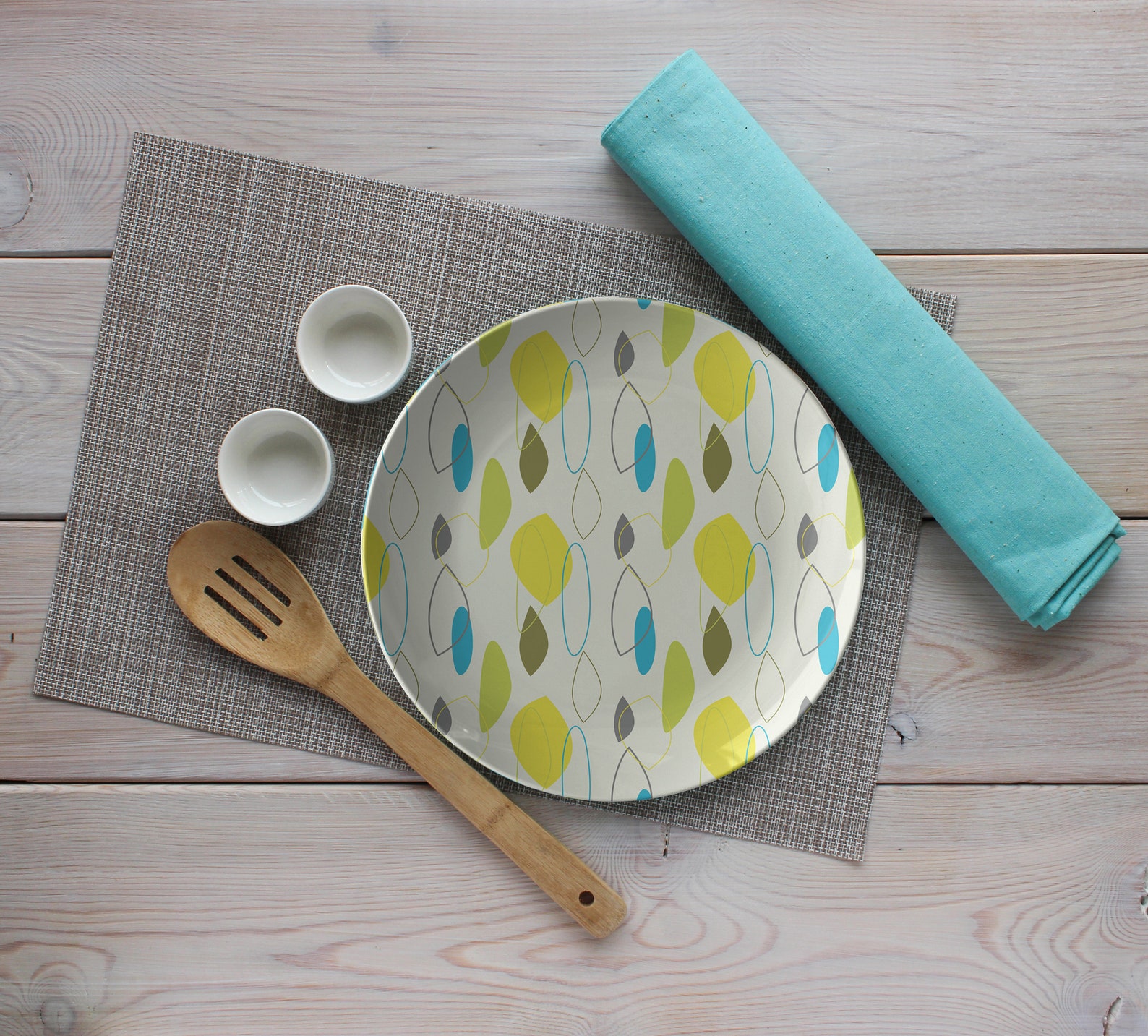 Mid Century Modern Plates Teal Blue Green Yellow Geometric - Etsy