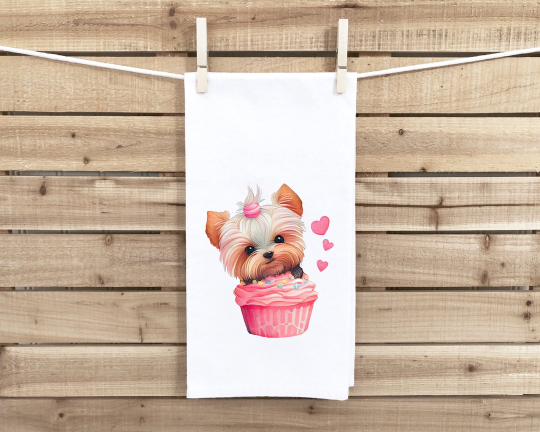 Yorkie in a Cupcake Flour Sack Kitchen Towel Cute Yorkshire Terrier Dog ...