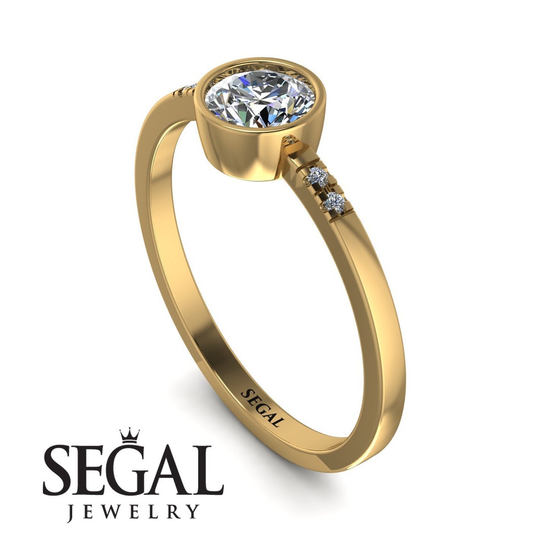 Yellow Gold Round Bezel Set Diamond Engagement Ring - Etsy