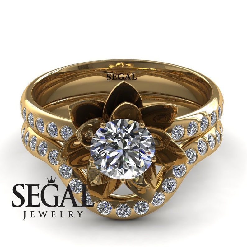 Lotus Unique Bridal Set Solitaire Ring 14k Yellow Gold Flower - Etsy