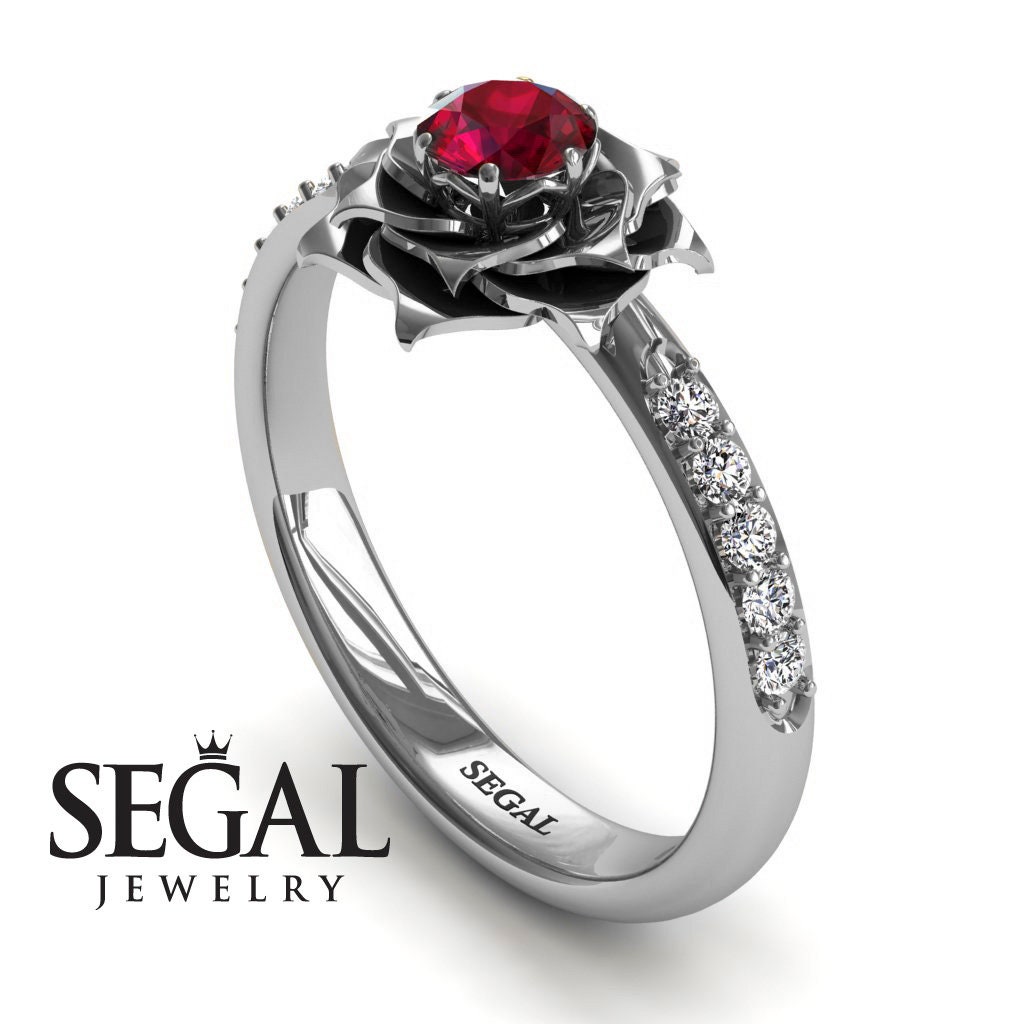 Ruby Engagement Ring White Gold Rose Ring Art Nouveau Unique Ring ...