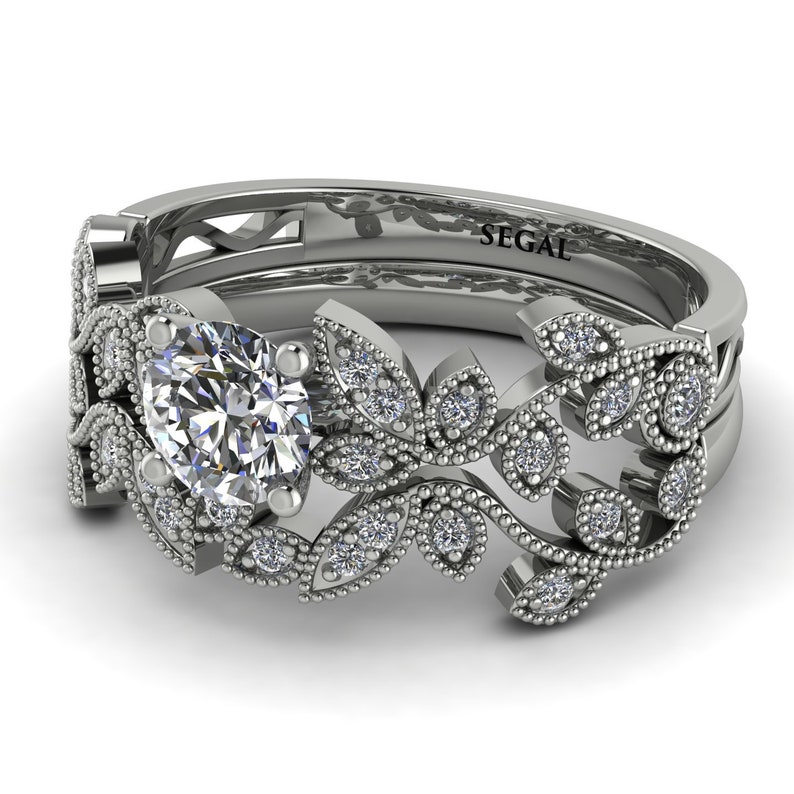 Leaf Bridal Set Ring Diamond Leaves Engagement Ring Leaf Ring Vintage ...