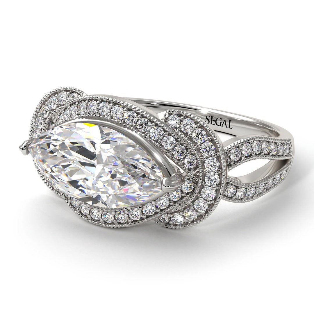 Milgrain Marquise Diamond Engagement Ring White Gold 14K-18K White Gold ...