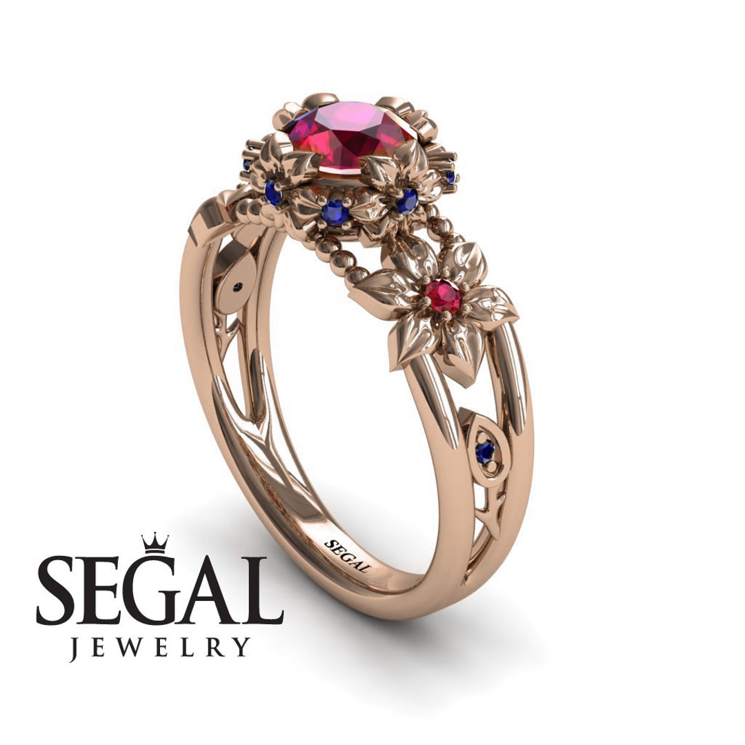 Flower Engagement Ring Rose Gold Red Ruby Ring Flower Ring Leaf Ring ...