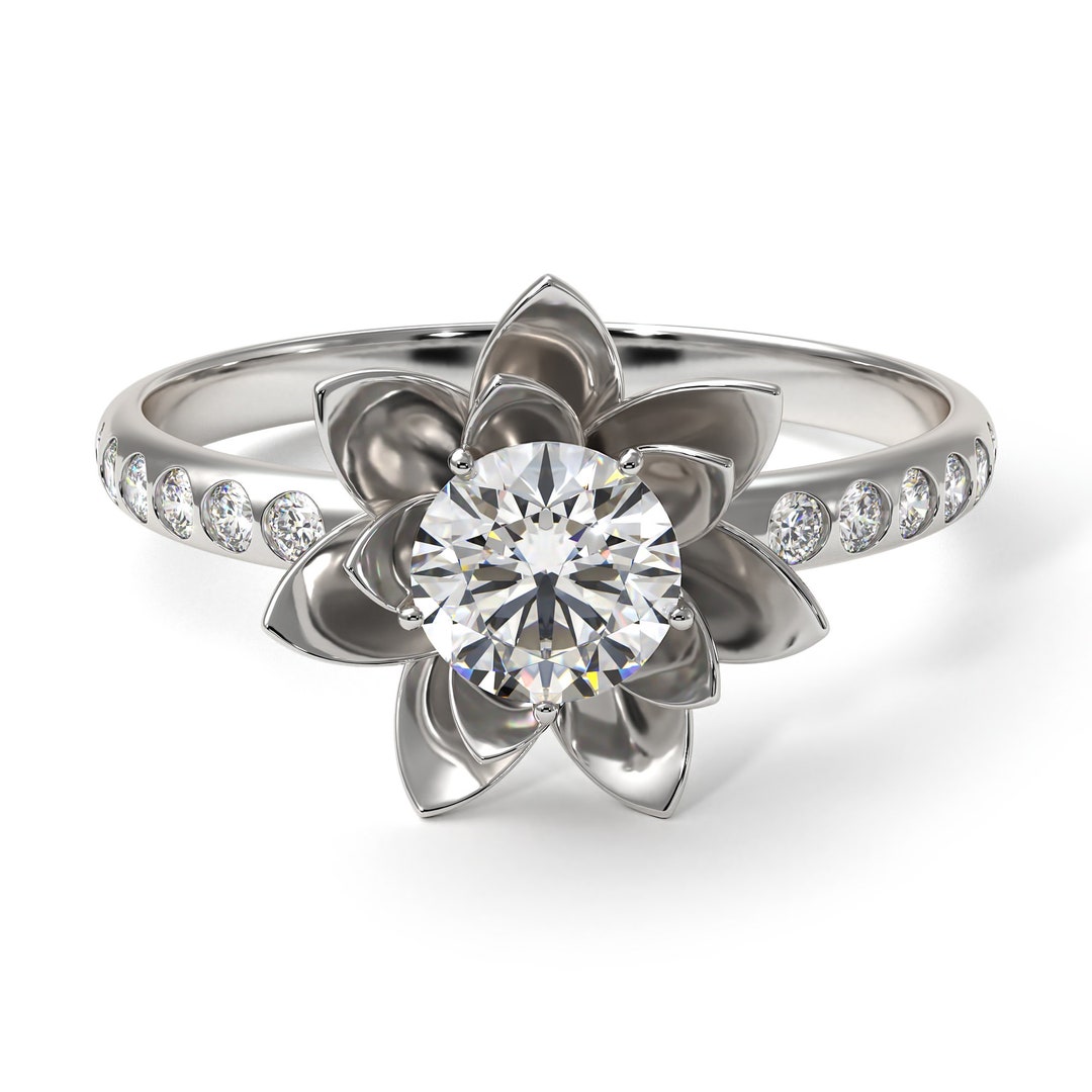 Lotus Engagement Ring Diamond White Gold 14k Lotus Flower Ring Diamond ...