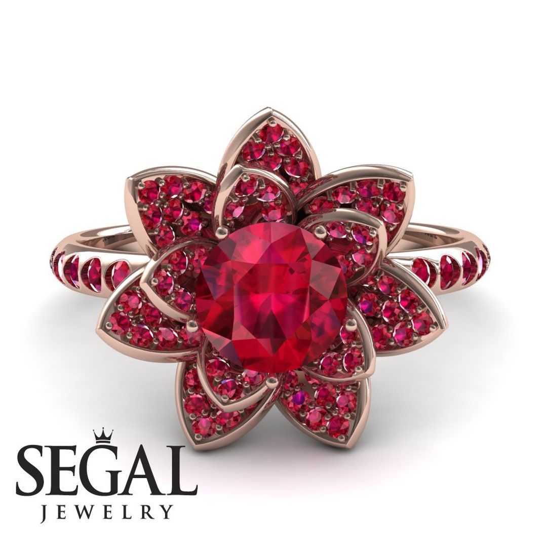 Red Ruby Ring Rose Gold Lotus Engagement Ring Lotus Flower Ring Unique ...