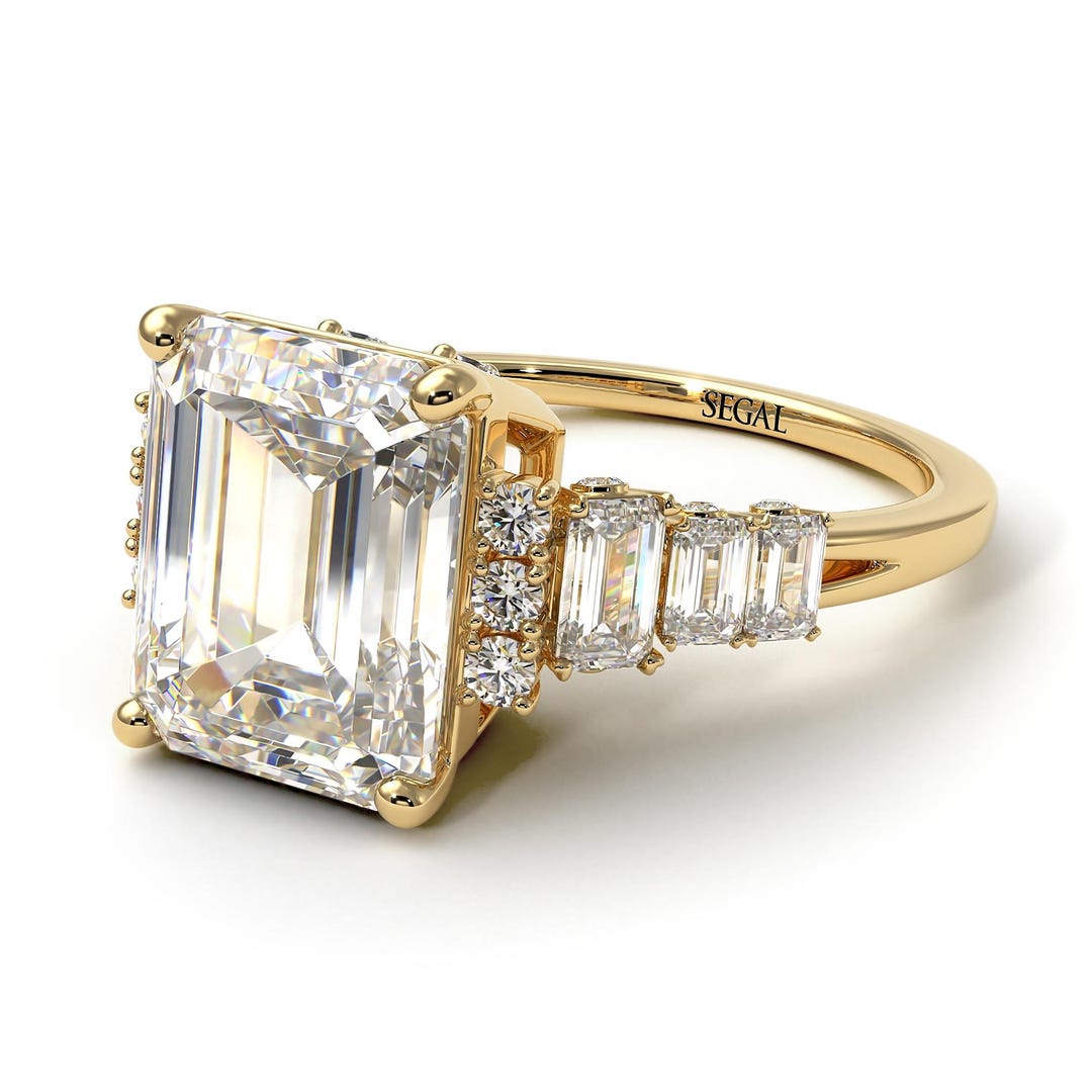Luxury Emerald Cut Diamond Ring 4ct, 18K Yellow Gold, Hidden Round ...