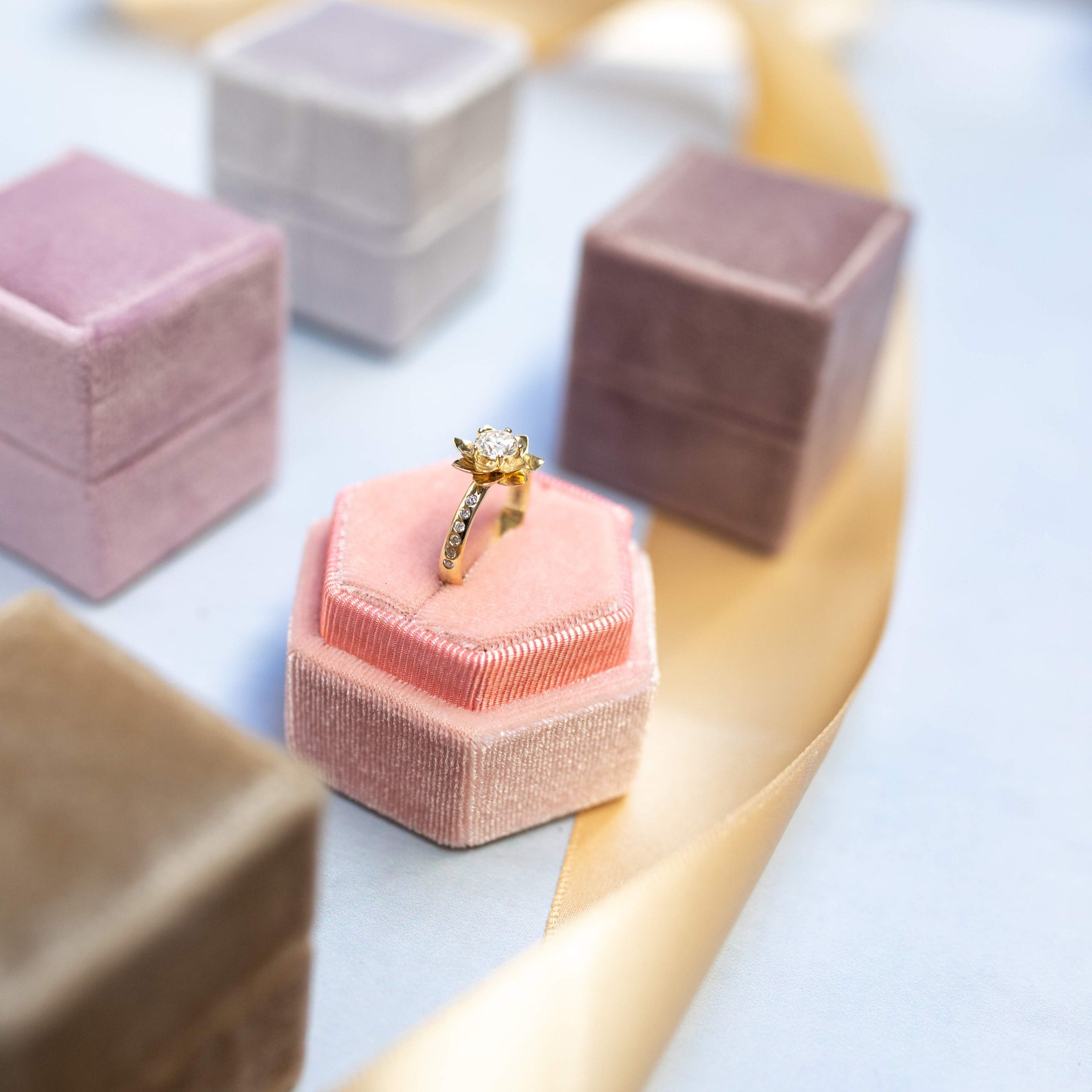 Lotus Unique Bridal Set Solitaire Ring 14k Yellow Gold Flower - Etsy