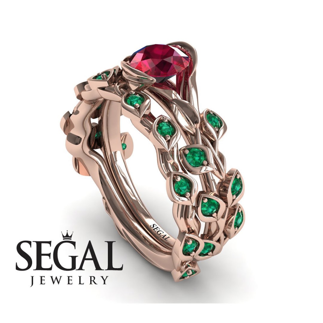 Rose Bridal Set Ruby Engagement Rings Rose Gold Ring Leaf Ruby - Etsy
