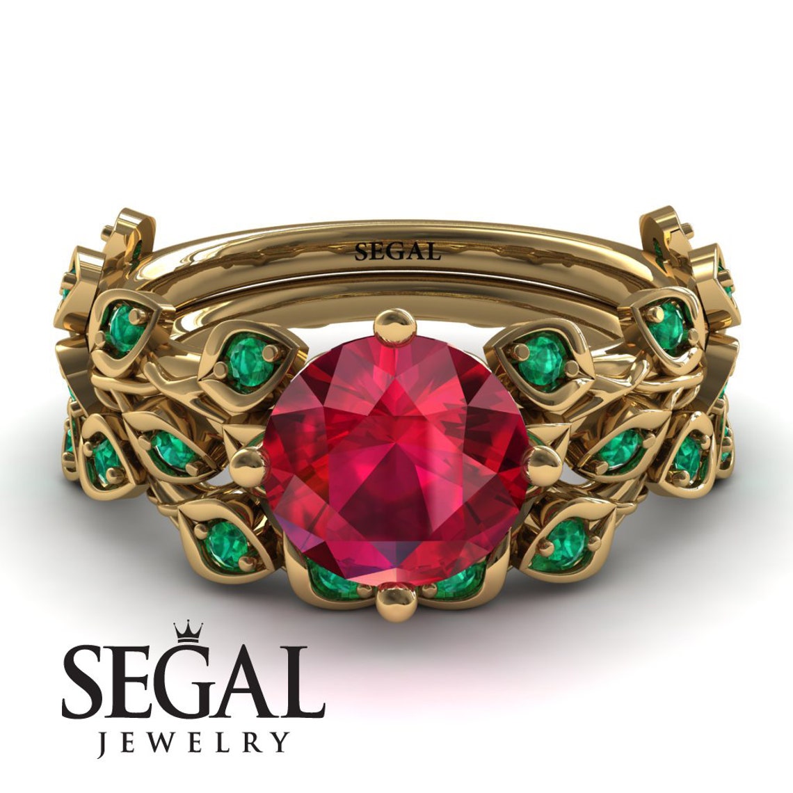 2ct Ruby Engagement Ring Set Yellow Gold Engagement Ring Leaf | Etsy