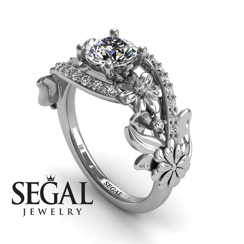 Floral Engagement Ring 14k White Gold Leaf Ring Flower - Etsy