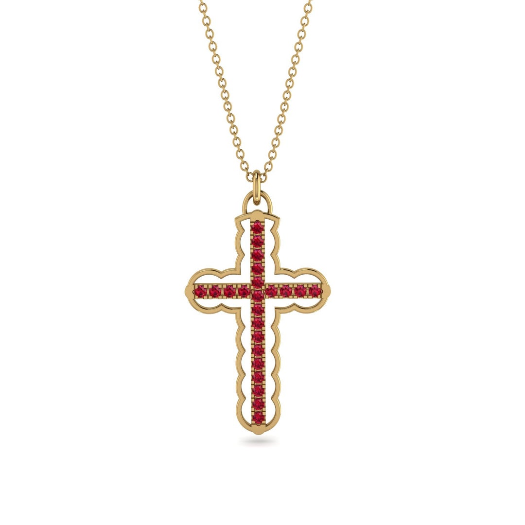 14K Gold Ruby Cross Necklace 18K Gold Cross Pendant Ruby Necklace Cross ...