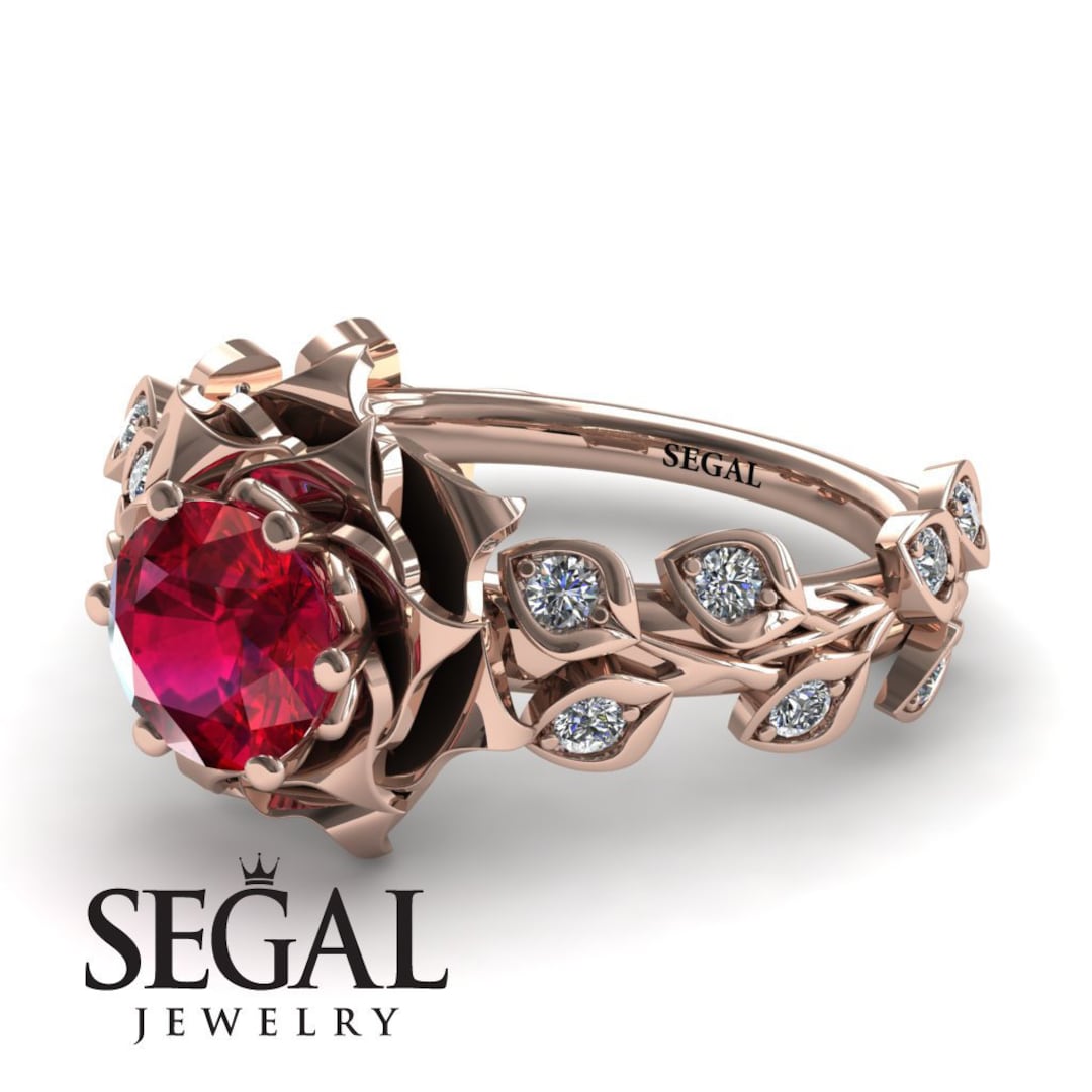 Red Ruby Engagement Ring Rose Gold Engagement Ring Rose Flower Unique ...