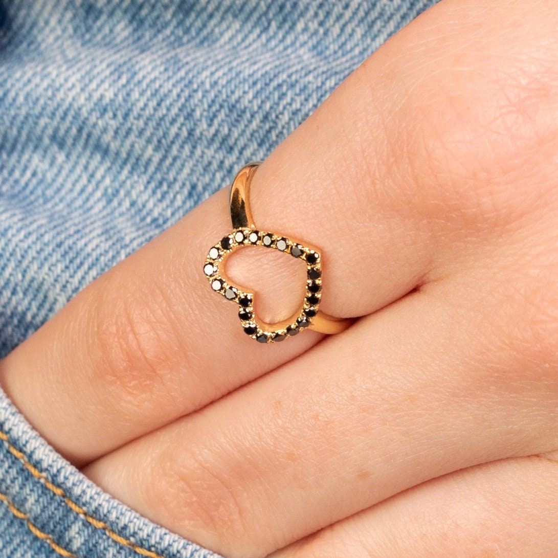 Black Heart Diamond Ring Gold 14K Gold Heart Ring Black | Etsy