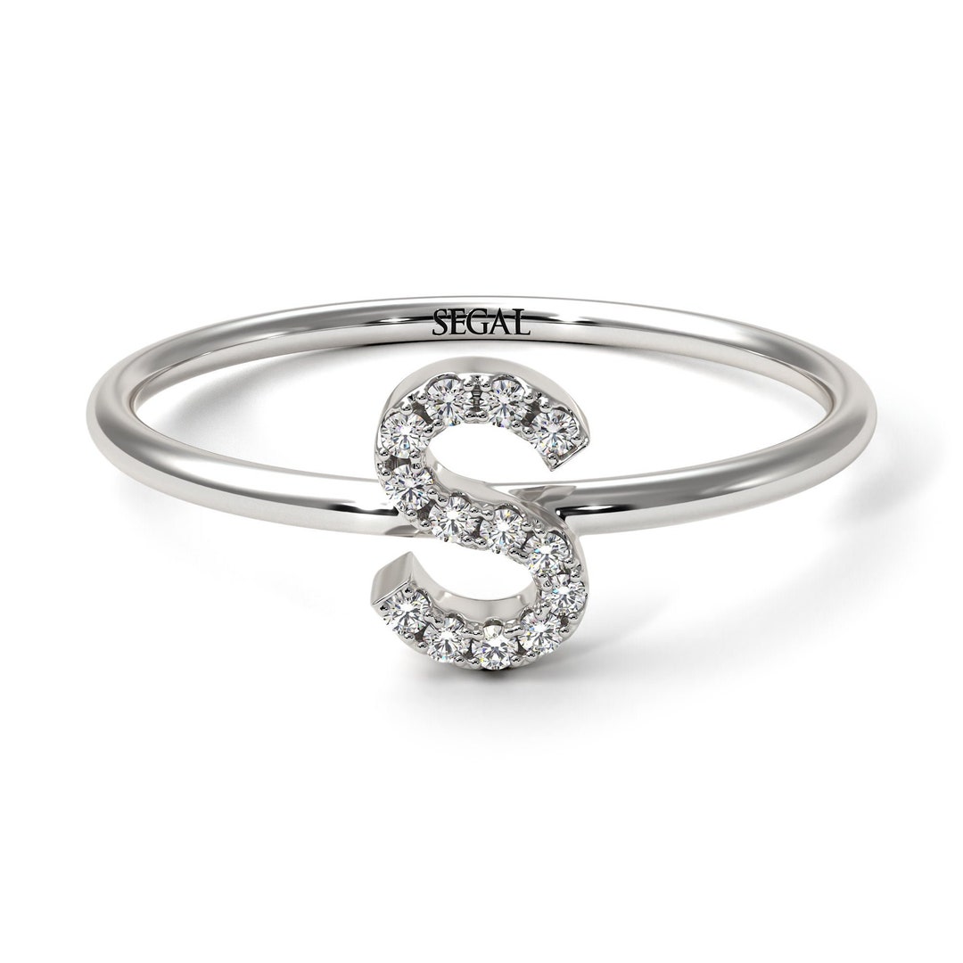 Initial Diamond Ring White Gold 14K-18K White Gold Ring Initial Diamond ...