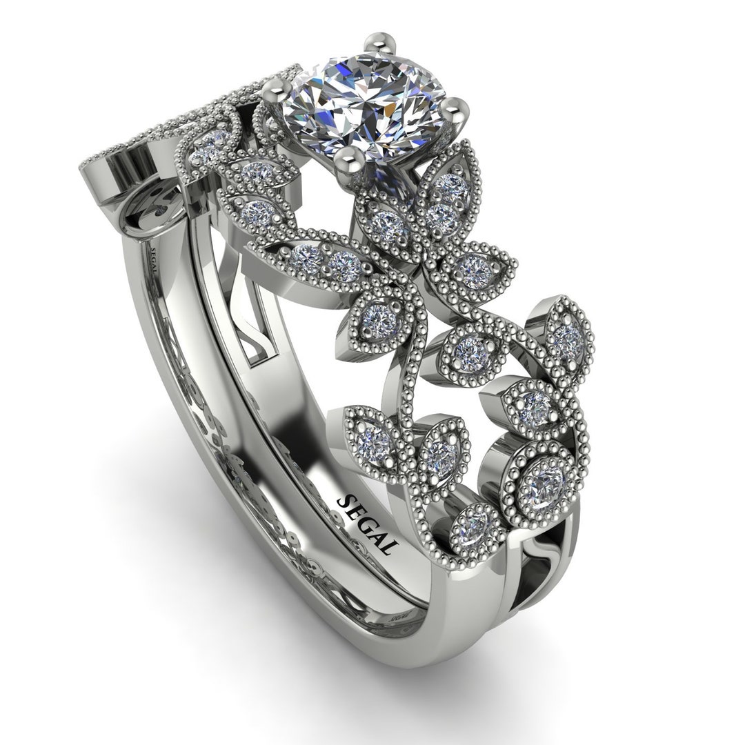 Leaf Bridal Set Ring Diamond Leaves Engagement Ring Leaf Ring Vintage ...
